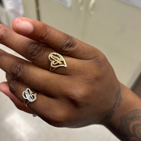 10k Solid Yellow Gold Slanted Heart Initial Letter Alphabet Ring - Etsy