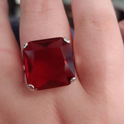 Ruby Ring/ Sterling Silver/ 20ct Big Huge Square Cut Simulated Red Gem ...