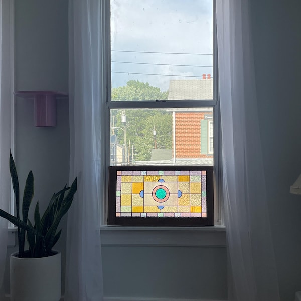 Leaded Stained Glass Panel Transom in Rustic Window Frame With Diaper ...