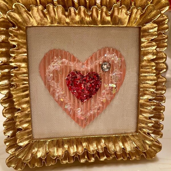 Original Valentine Mixed Media. Mini Shadow Box Canvas. 5x5 Heart Paper ...