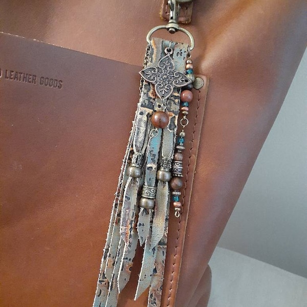 Leather Fringe Purse Charm Long Leather Bag Charm Copper Leather Tassel ...