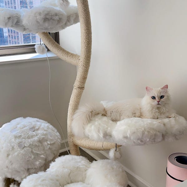 EDEN Monochrome Wood Floral Cat Tree Tower, Wooden Cat Tower, Modern ...