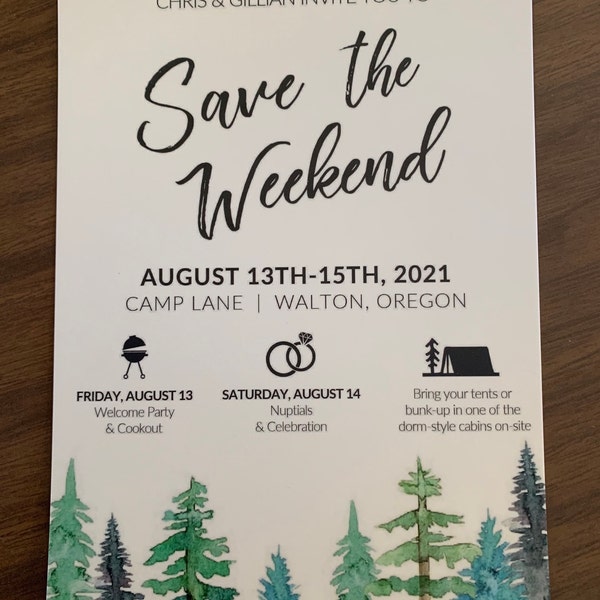 SAVE THE WEEKEND | Watercolor, Greenery, Mountains, Pine Trees, Camping ...