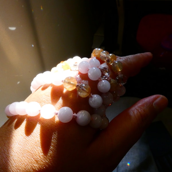Citrine Mala, Rose Quartz 108 Beads Mala Necklace, Hand Knotted Natural ...