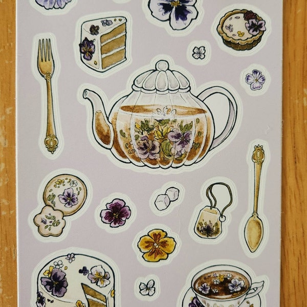 Floral Tea Party Sticker Sheet | Cozy Tea Sticker Set | Whimsical Pansy ...
