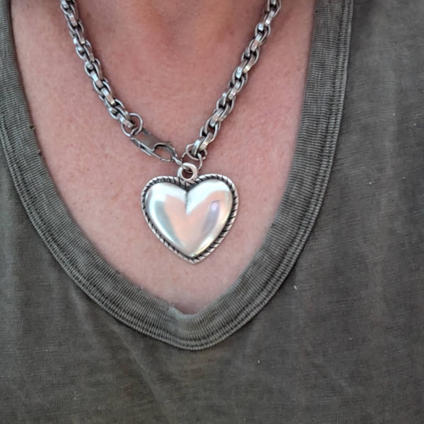 Chunky Heart Necklace, Silver Curb Chain Choker, Large Heart Pendant ...
