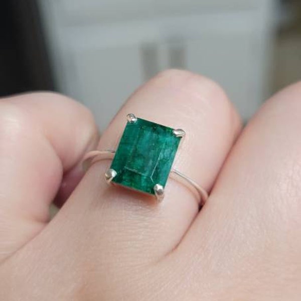 Emerald Cut Emerald Ring, Raw Natural Emerald Engagement Ring, Emerald ...