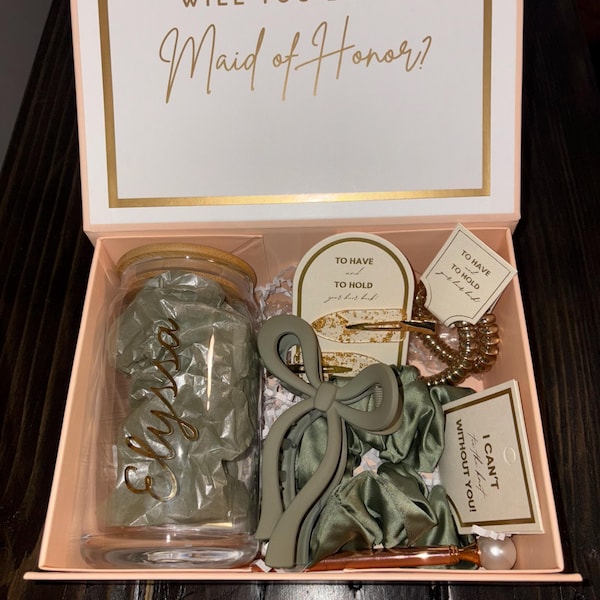 Bridesmaid Proposal Box: Personalized Glass, Hair Accessories Gift Set ...