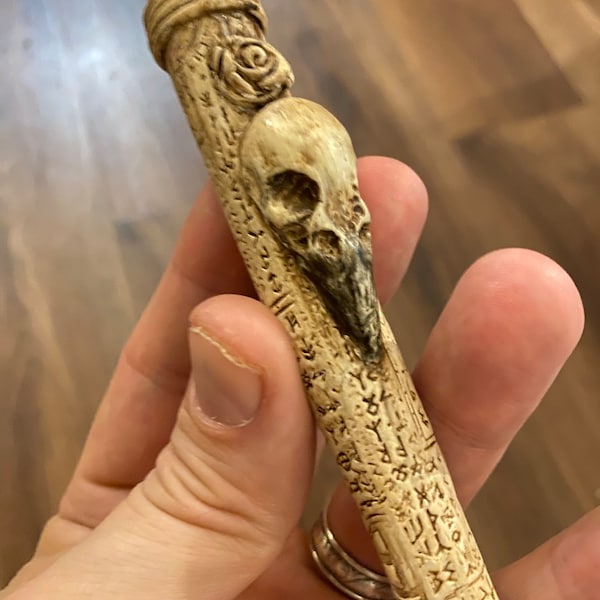 Runic Raven Skull Wizard Wand, Wood Magic Wand, Fantasy Wand, Master ...