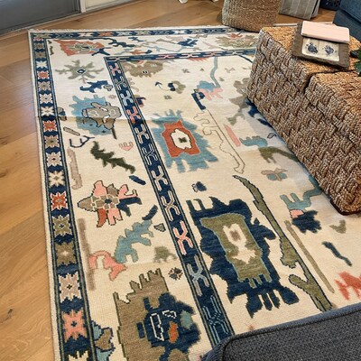 Ivory Oushak Rug, Baby Blue Border Turkish Rug, Soft Living Room Area ...