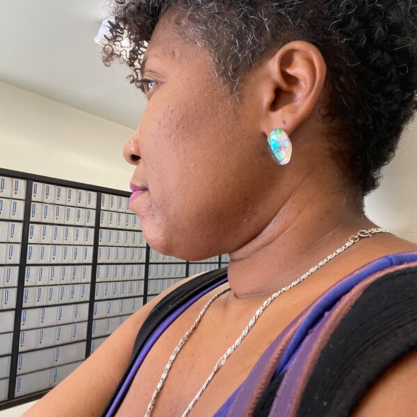 Pink Iridescent Earrings, Titanium Studs, Pink Holographic ...