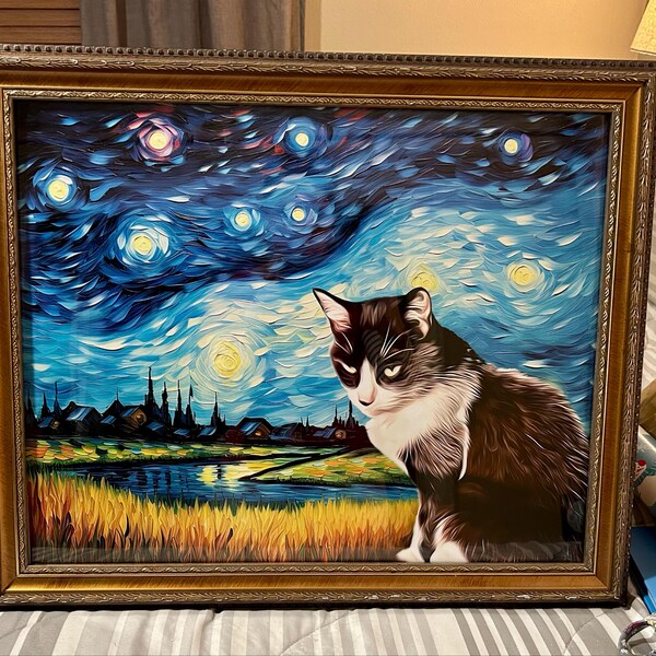 Vincent Van Gogh Starry Night Tabby Cat Framed Wall Art, Optional ...