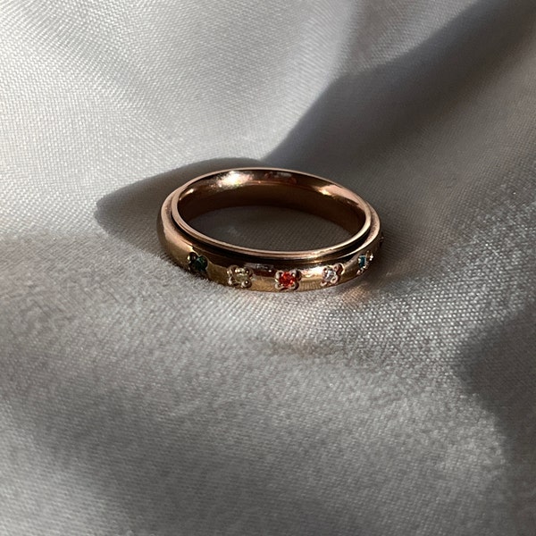 Rainbow Spinner Ring, Gemstone Spinner Ring, Rose Gold Fidget Ring ...