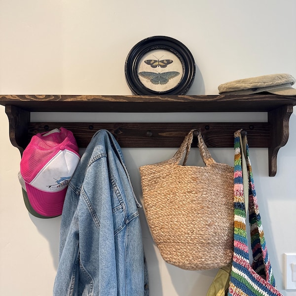 Shaker Peg Rack With Shelf, Stained Peg Shelf, Shaker Peg Coat Rack ...