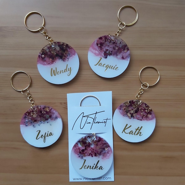Pink Resin Keyring With Dried Flowers, Personalised Keyring, Custom ...