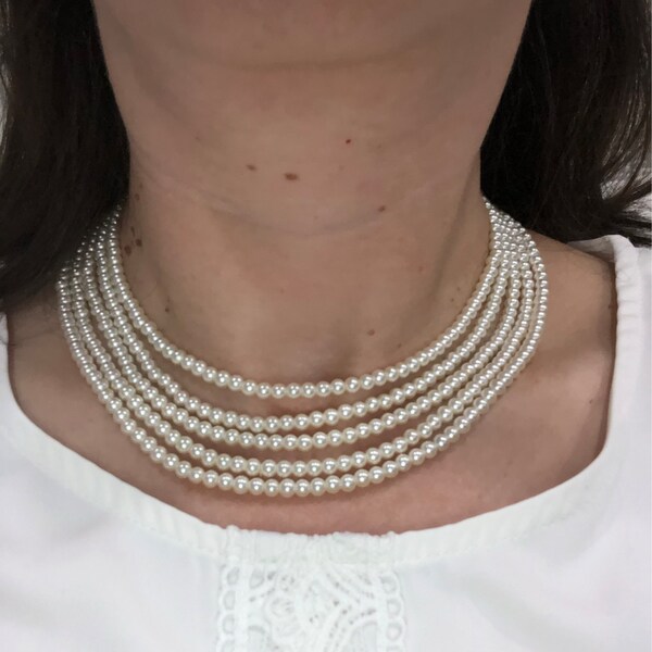 5 Strand Pearl Necklace, Multi Strand Pearl Choker Necklace, 5 Layer ...