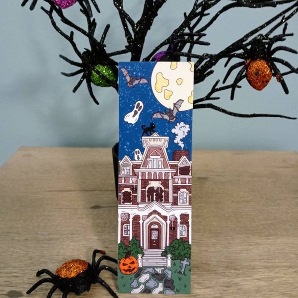 Halloween Bookmark - Haunted Mansion With Pumpkins, Ghosts, Bats, the ...