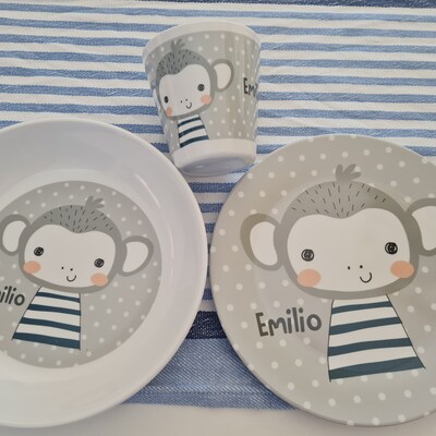 Kindergeschirr, personalisiert, Dschungeltiere, Kinderteller mit Namen, Taufgeschenk, Geschenk ...