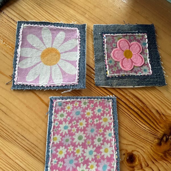 Denim Patchwork Flower Patch, Handmade Fabric Patch, 4x4 Inches, Denim ...