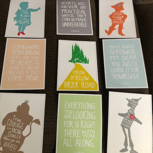 WIZARD of OZ Quotes and Characters - Set of 9 Unframed Art Prints ...
