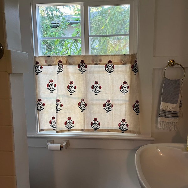 Red Blue Poppy Print Valance, Cafe Curtains, Small Size Panels, Kitchen ...