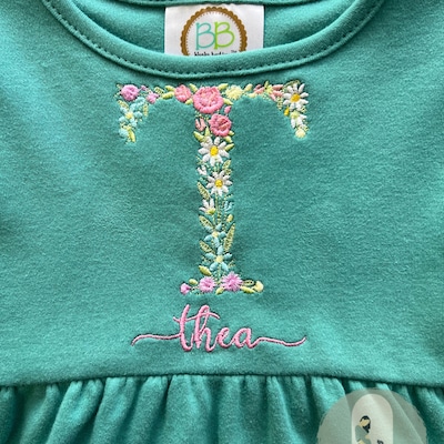 Machine Embroidery LETTER T Uppercase 10cm / 4 Tall Dainty Floral Font ...