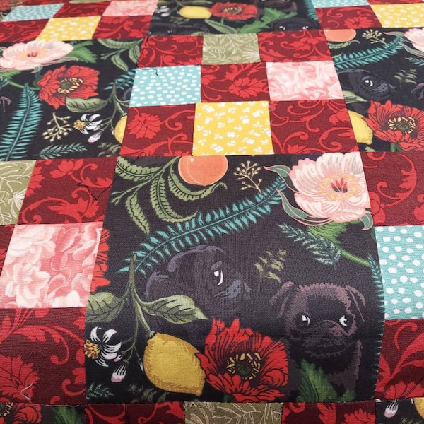 Pug Floral Fabric - Botanical and Black Pugs by Huebucket - Pug Animal ...