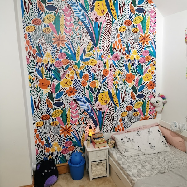 Vintage Scandinavian Floral Wallpaper: Colorful Botanical Mural, Peel ...