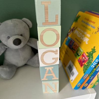 Personalised Shades of Green Wooden Name Letter Blocks Cubes Stacking ...