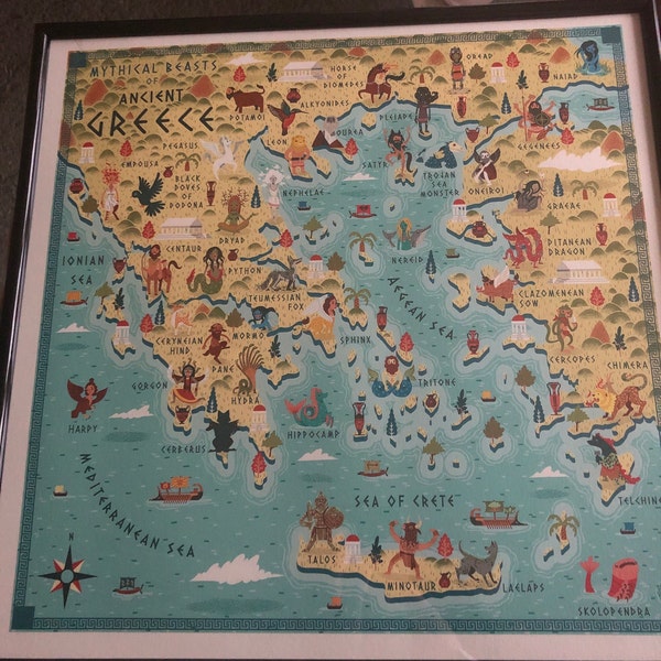 Illustrated Map, Mythical Beasts of Ancient Greece, Art Print -poster ...