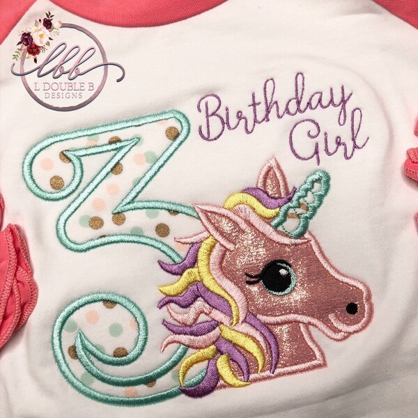 Rainbow Unicorn Birthday 3 Digital Machine Embroidery Applique Design 4 ...