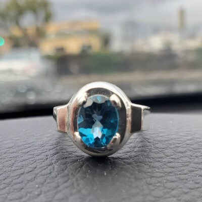12 Carat Rare Deep Blue London Topaz Mens Square Shape Ring Sterling ...
