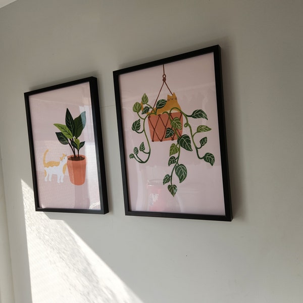 Tuxedo Cat Print Cat Plant Art Black and White Cat, Houseplants Digital ...