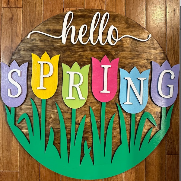 Hello Spring Tulips Sign, Round Door Hanger Svg, Spring Welcome Sign ...