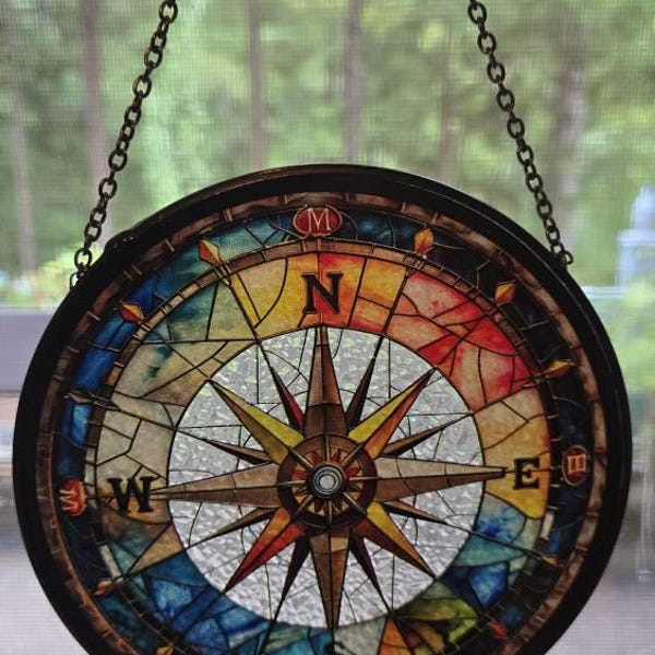 Stained Glass Suncatcher Compass Rose , Colorful Nautical Decor, Travel ...