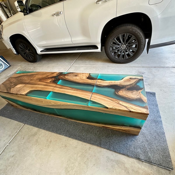 Live Edge Epoxy Waterfall River Table / Elm Wood and Turquoise Blue ...