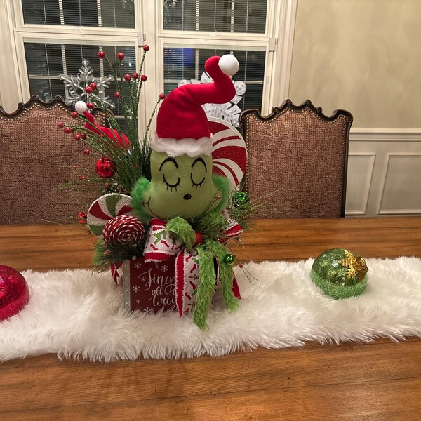 Grinch Inspired Centerpiece, Lighted Christmas Tree, Holiday Table ...