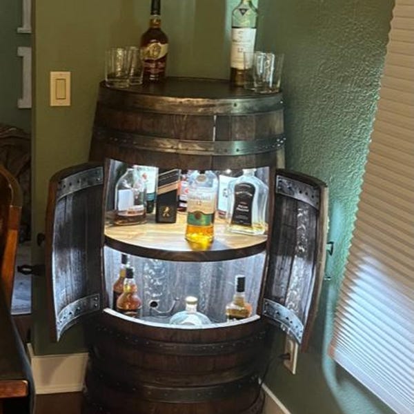 Authentic Whiskey Barrel Liquor Cabinet With LED Lightning - Etsy