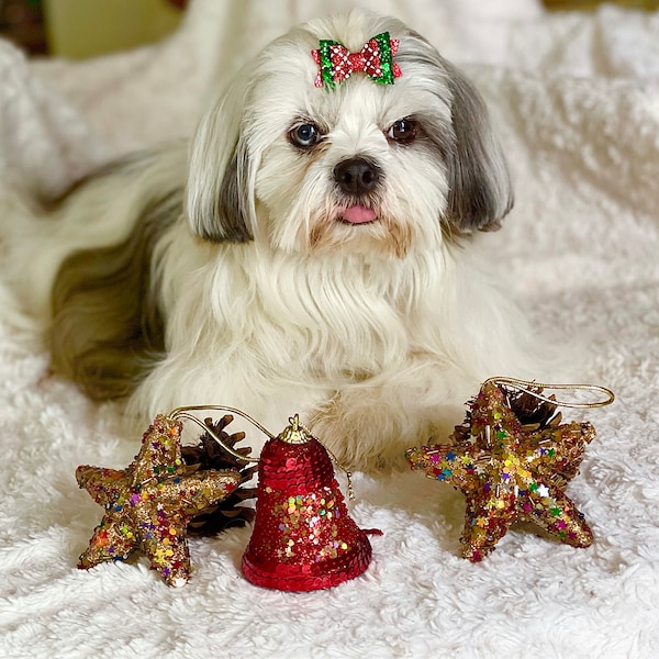 Cute Christmas Holiday Dog Hair Bows, Red & White Glitter Plaid Dog Bow ...