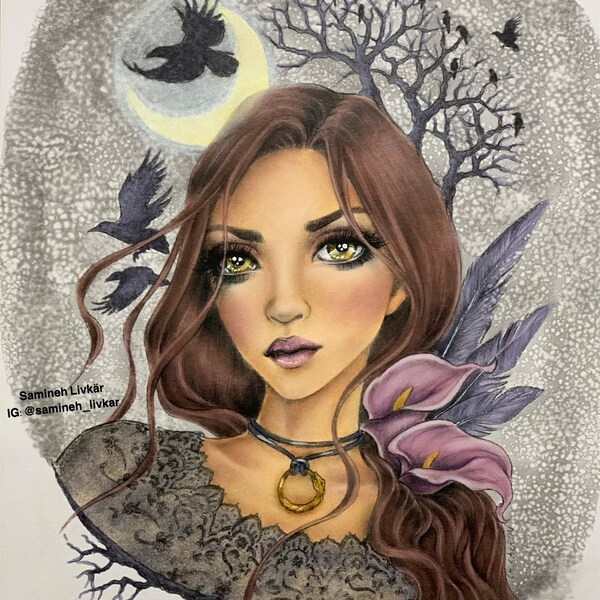 Dark Eyes Raven Coloring Page Grayscale Illustration Instant Download ...