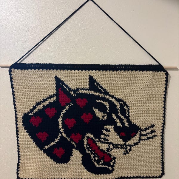 Love Heart Panther Traditional Tattoo Crochet Wall Hanging Tapestry ...