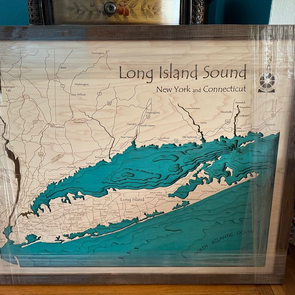 Long Island Sound 3D Nautical Wood Map Laser-etched Carved Wooden Map ...