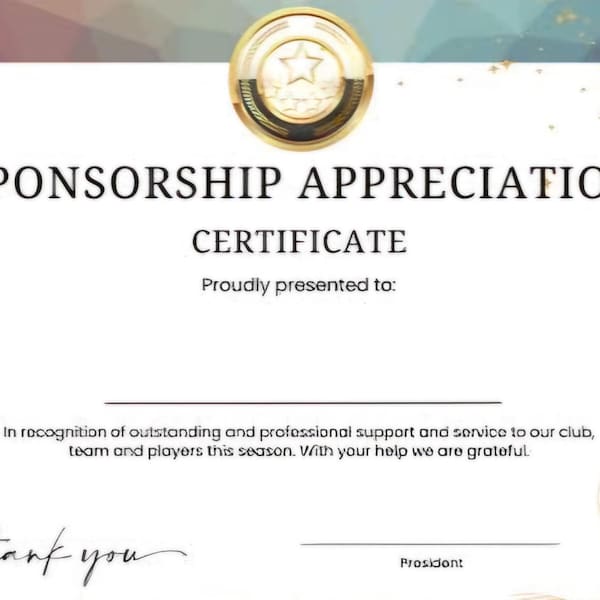 Sponsorship Appreciation Certificate Template - Instant Download, High ...