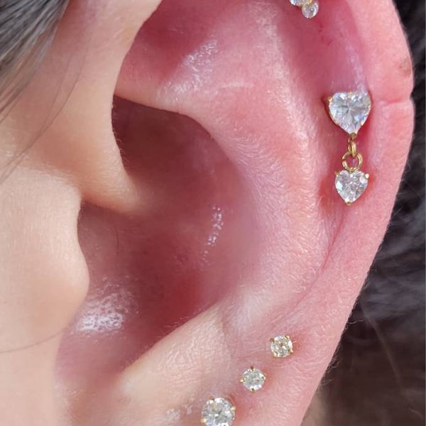 20G/18G/16G Dangle Heart CZ Drop Stud Push Pin Labret, Helix Cartilage ...