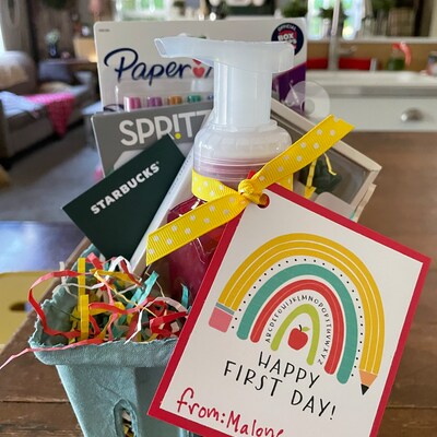 Printable First Day of School Gift Tag, School Supplies Rainbow Tag ...