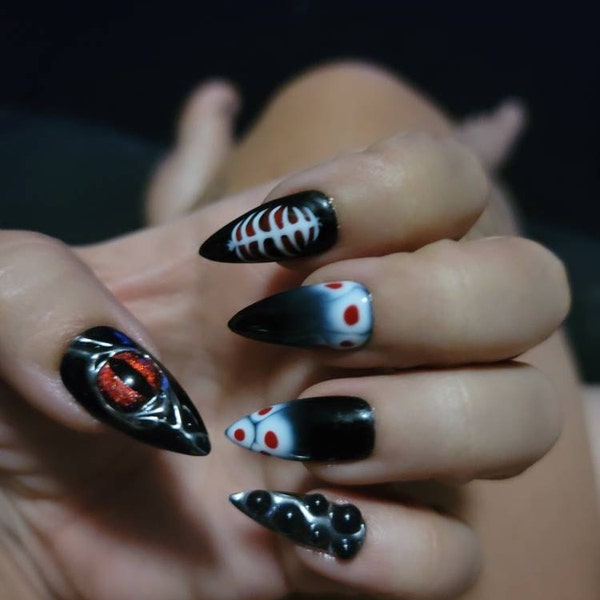 Custom Red Eyes Press on Nails, Gothic Punk Rock Skeleton Nails, Goth ...