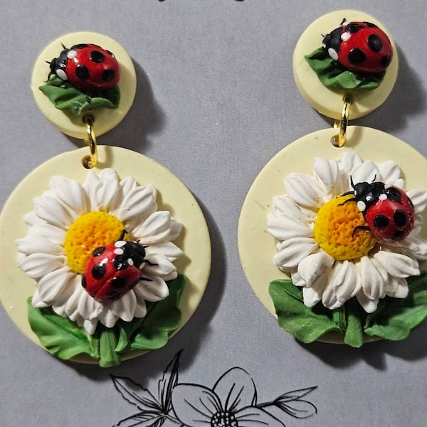Ladybug Earrings Dangle White Daisy Earrings Handmade Polymer Clay ...
