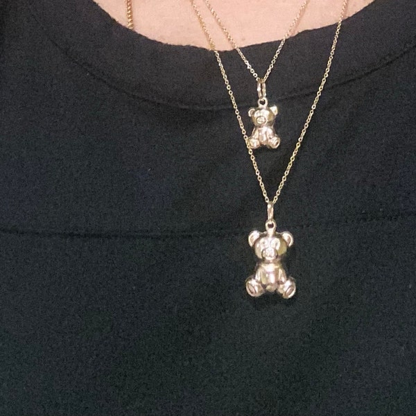 14K Real SOLID Gold Puffed Teddy Bear, 14k Real Gold 1.3mm Cable Chain ...