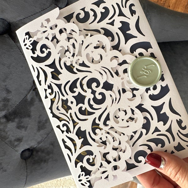 Filigree Pocket Fold Laser Cut Wedding Invitation in White | Luxury DIY ...