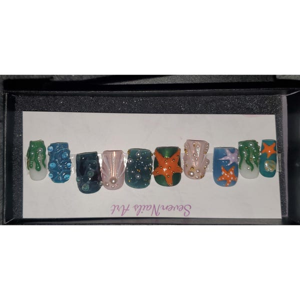 3D Tropical Beach Press on Nails | Ocean-themed With Seaweed, Seashells ...